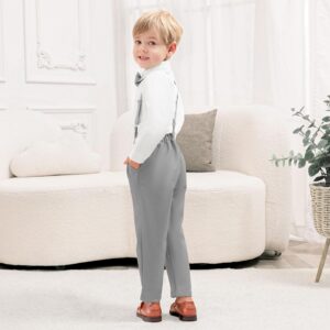 ALINTU Toddler Dress Clothes, Long Sleeve Dress Shirt + Suspender Pants Set, Gentleman Outfits for Boys, Grey, 2-3T = Tag 100