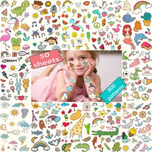 COKTAK 50 Sheets 800+ Patterns 3D Cute Temporary Tattoos For Kids Boys Girls Summer Style Cartoon Unicorn Dinosaur Small Temporary Tattoos Mermaid Animals Party Fake Tattoo Stickers Children Body Face