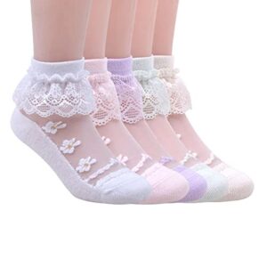 hopply 5pairs of ruffle pageant frilly socks for toddler girls baby white lace ankle dress socks summer mesh women sock