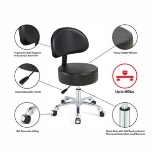 Lilfurni Black Lift Swivel Rolling Stool Round Chair,Thick Sturdy Padding,Adjustable Stool with Wheels for Doctor,Medical,Massage Salon,Office,Shop(with Back, Black)