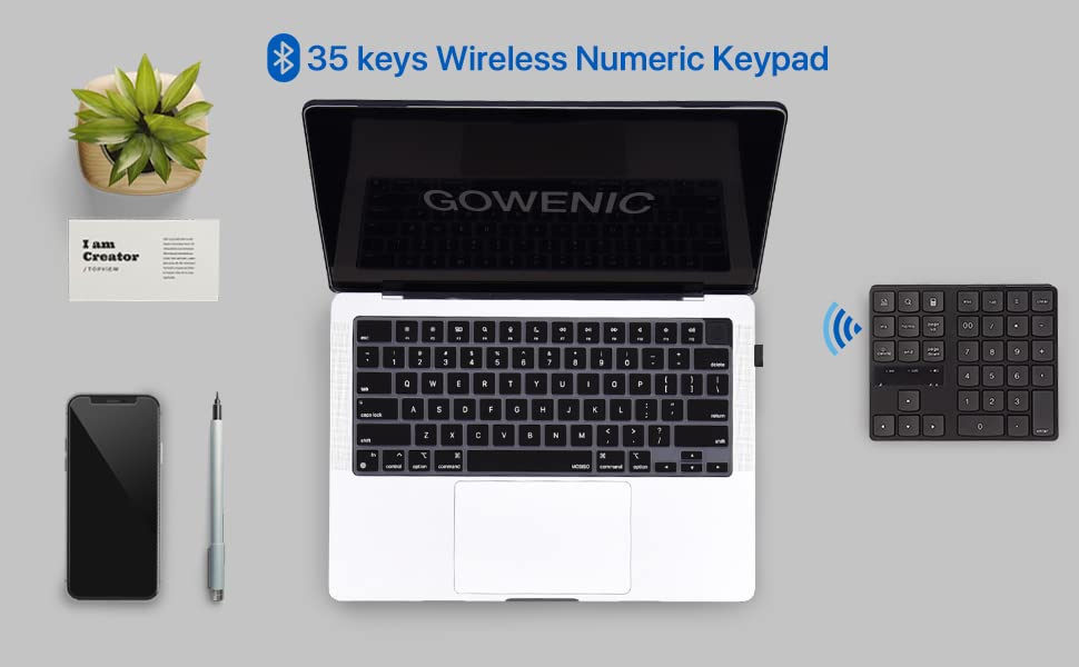 GOWENIC Wireless Numeric Keypad, 35 Key Bluetooth Number Pad, 2.4G Wireless Ergonomic Design Silent Rechargeable One Handed Gaming Keyboard for Laptop, Computer, Desktop