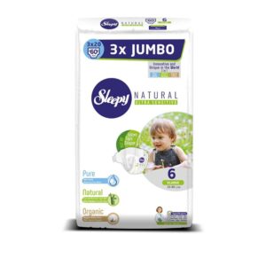 sleepy 3x jumbo natural baby diapers, made from organic cotton and bamboo extract, ultimate comfort and dryness, 60 count – size 6 xl, child weight 33-55 lbs