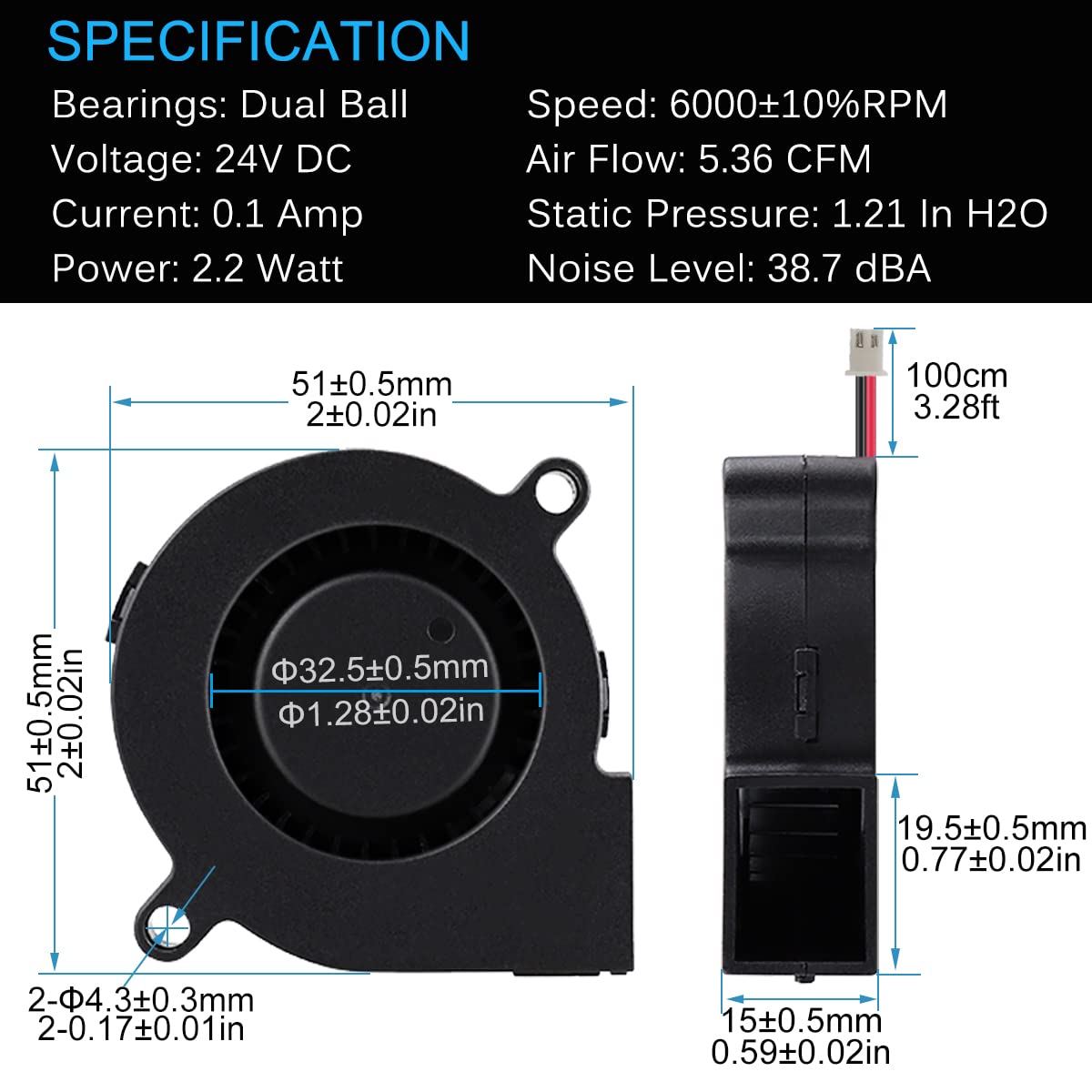 GDSTIME 2Pcs 50mm 5015 Blower Fan 24V Brushless Dual Ball Bearing Turbo Cooling 50x15mm 2Pin 39 inch Cable for 3D Printer Hotend Extruder