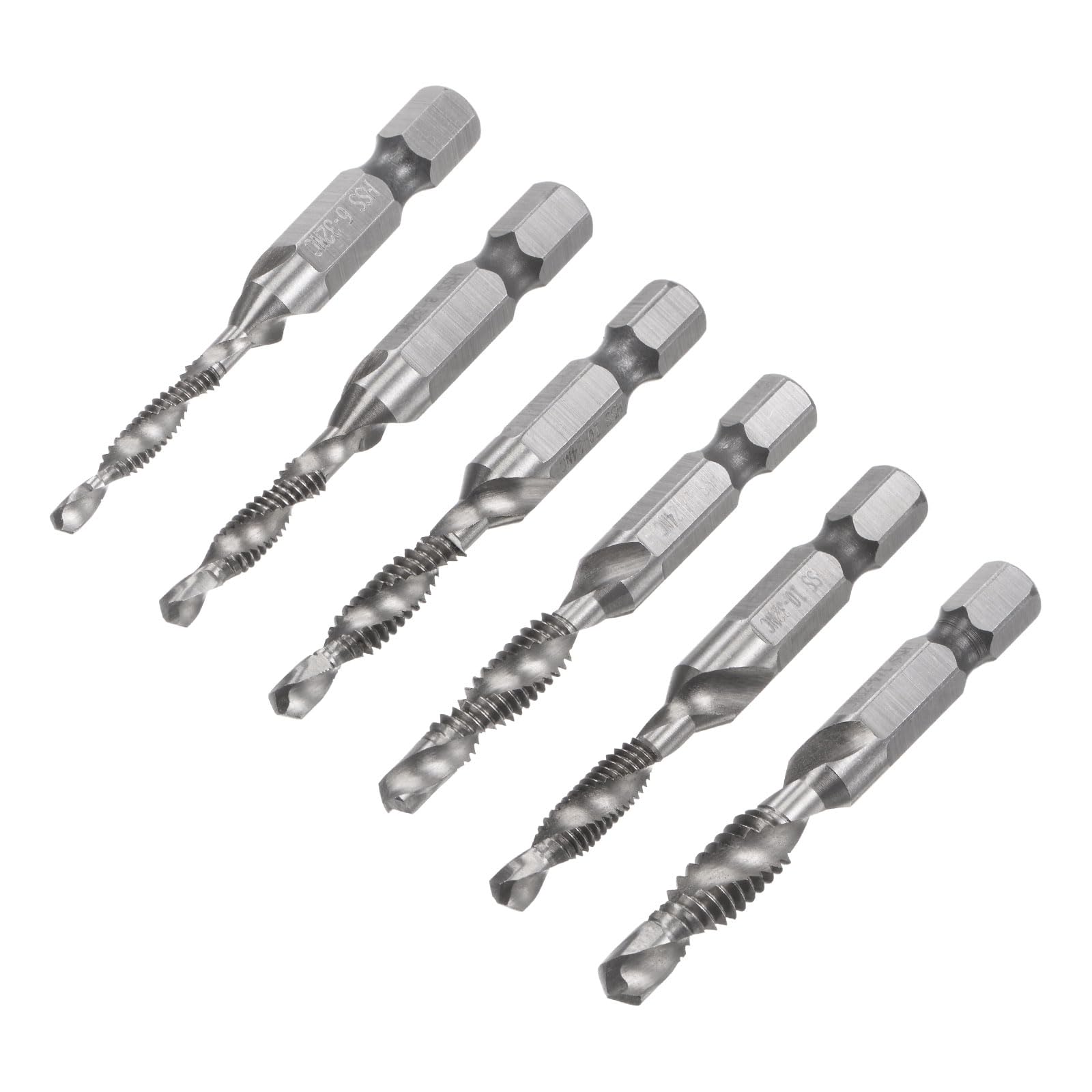 uxcell Combination Drill and Tap Bit Set, 6-32 8-32 10-3210-24 12-24 1/4-20 High Speed Steel 4341 Spiral Flute Drilling Tapping Tool 1/4" Hex Shank 6pcs