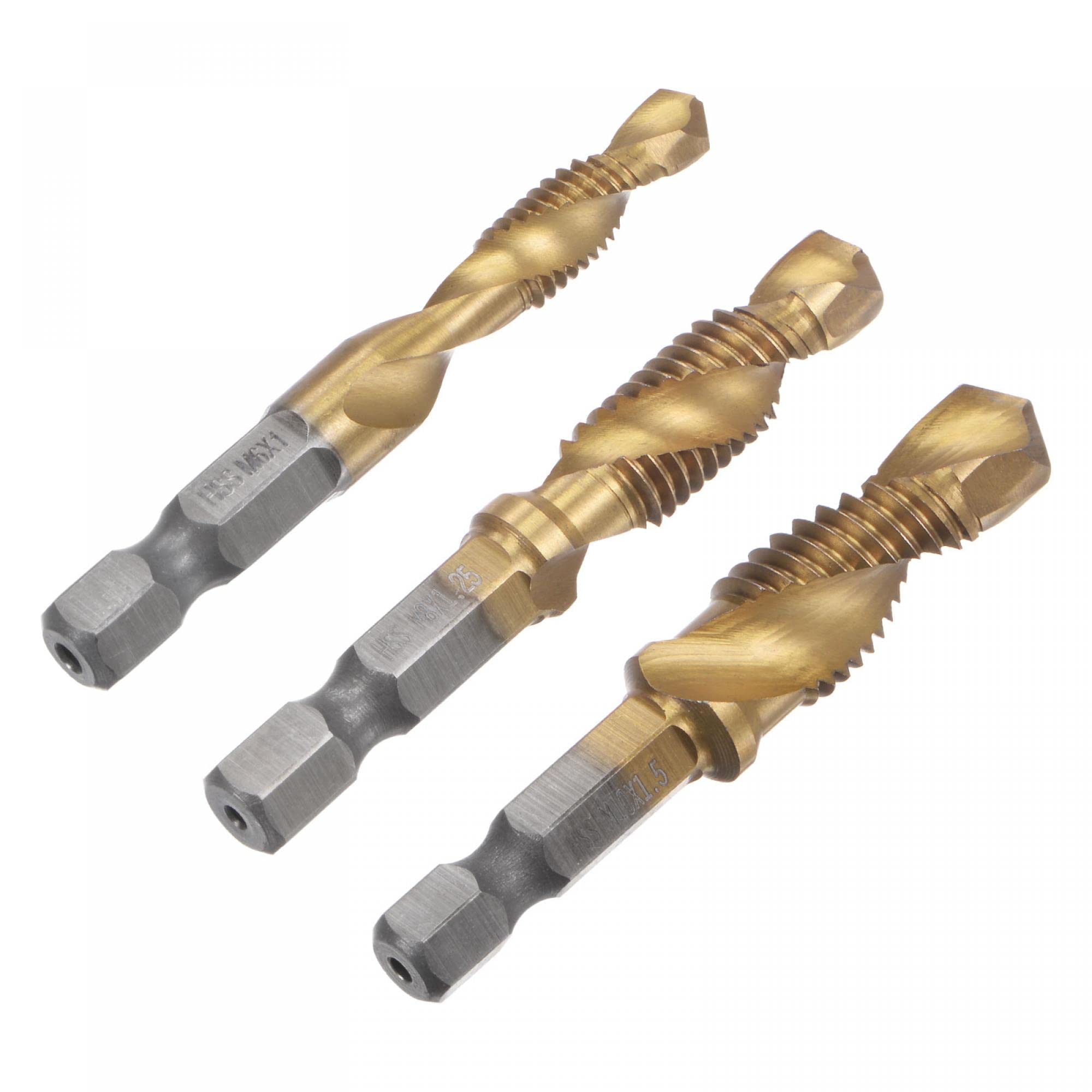 uxcell Combination Drill and Tap Bit Set, M6 M8 M10 Titanium Coated High Speed Steel 4341 Spiral Flute Drilling Tapping Tool 1/4" Hex Shank 3pcs