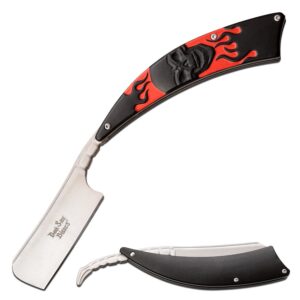 dark side blades - razor style folding pocket knife – satin finish stainless steel blade, black & red aluminum handle w/flaming skull, edc, shave, shaving, fantasy, collectible, ds-082rd