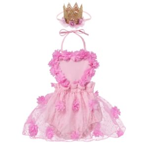 odasdo baby girl's first birthday cake smash outfit lace romper tutu tulle dress with headband 2pcs clothes set, pink flower, 12-18 months