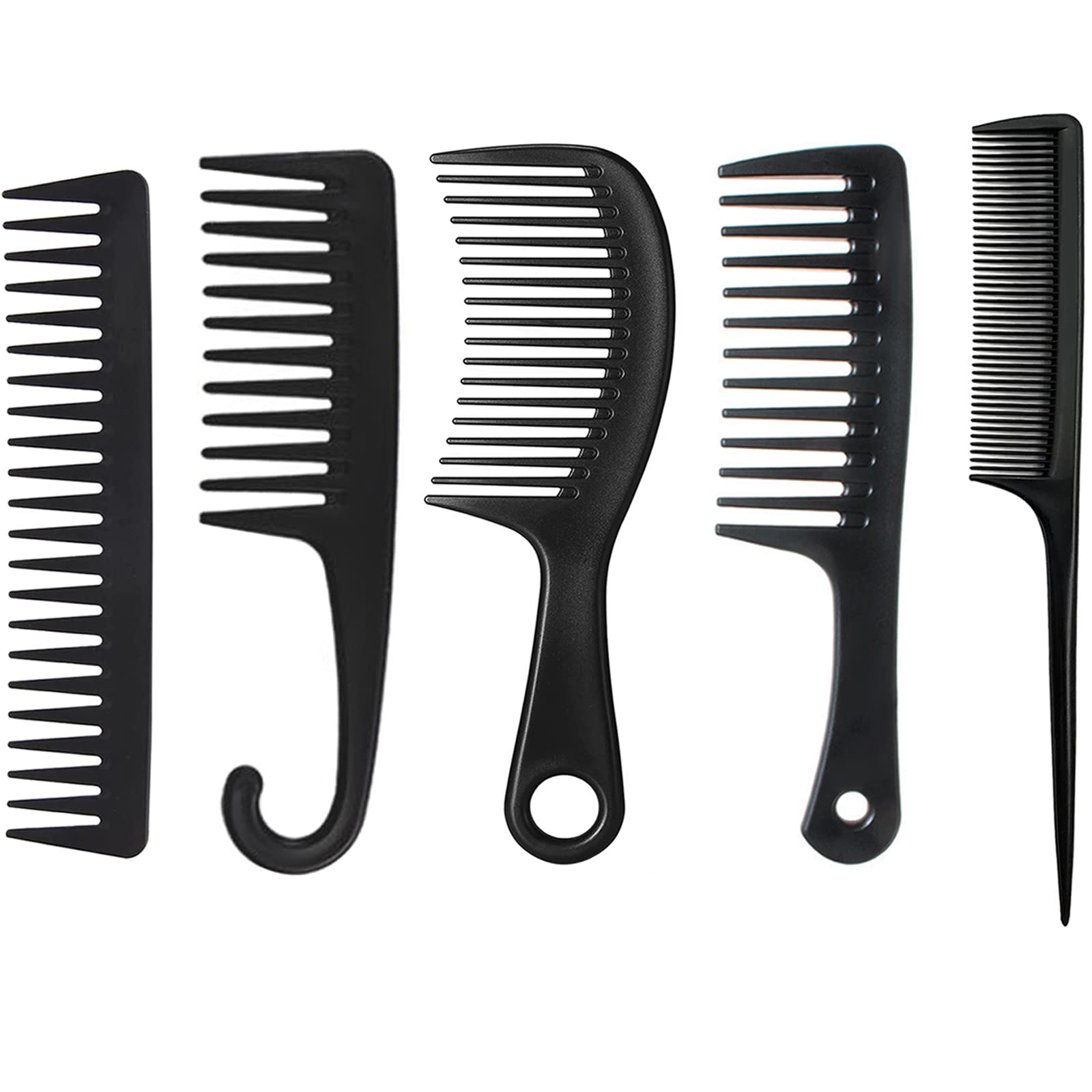 5 pcs Hair Comb Set Wide Tooth Comb for Detangling Fine Tooth Rat Tail Comb for Styling Shower Comb with Hook Women Men (Black)