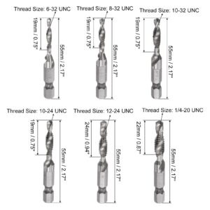 uxcell Combination Drill and Tap Bit Set, 6-32 8-32 10-3210-24 12-24 1/4-20 High Speed Steel 4341 Spiral Flute Drilling Tapping Tool 1/4" Hex Shank 6pcs