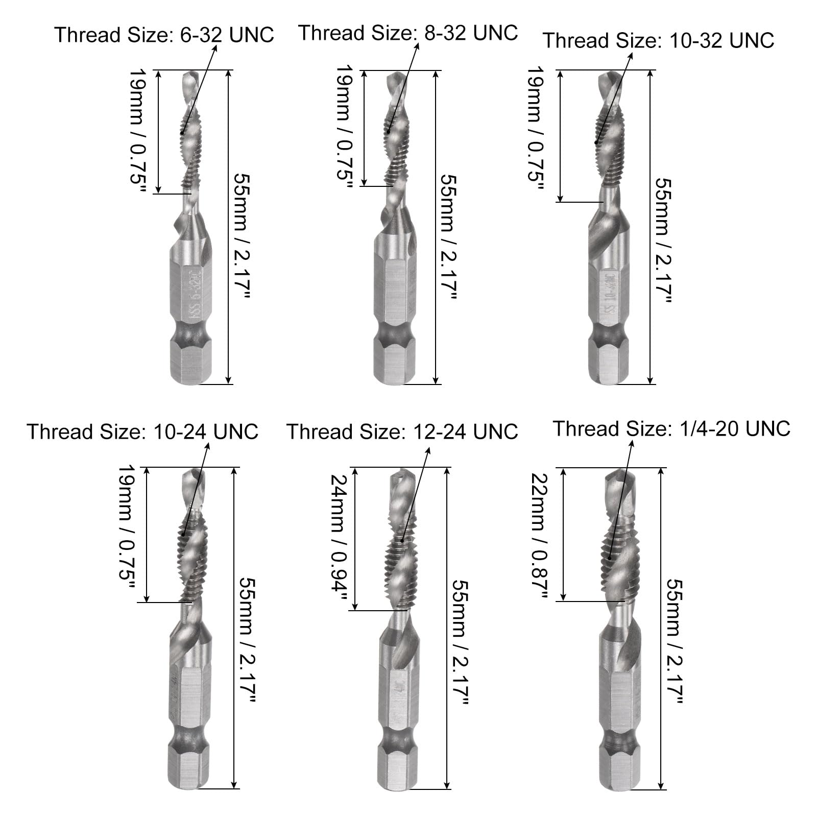 uxcell Combination Drill and Tap Bit Set, 6-32 8-32 10-3210-24 12-24 1/4-20 High Speed Steel 4341 Spiral Flute Drilling Tapping Tool 1/4" Hex Shank 6pcs