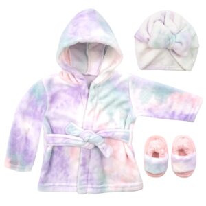 rising star baby robe girl, tie dye baby bathrobe towel, slippers & cap - bath robe spa set - best baby shower for girls