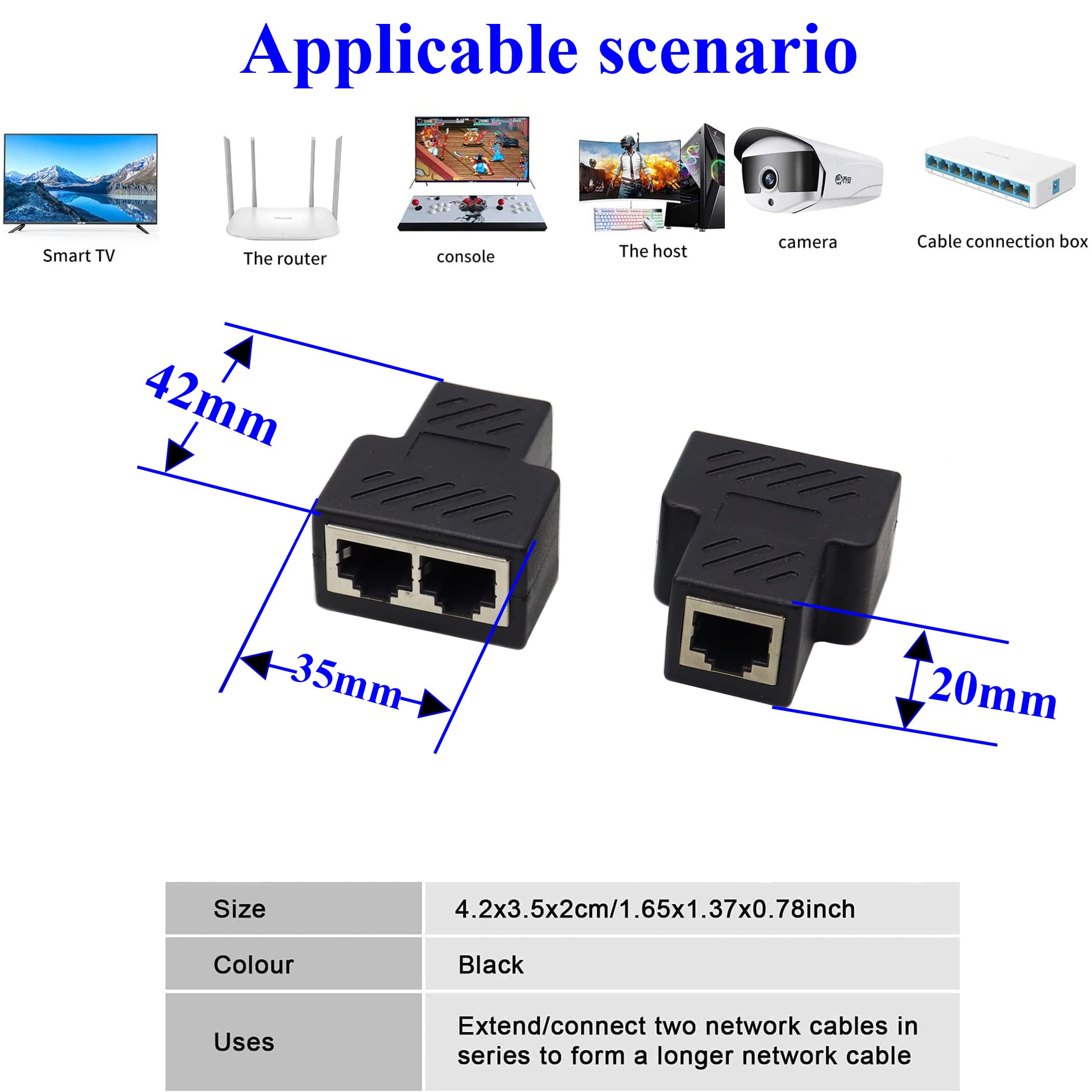 ZUYOOK Ethernet Cable RJ45 Splitter Adapter 1 to 2 Double Contact Modular Plug Connect(Can't Run Both at The Same TIME) LAN Network Internet Splitter 1 to 2 for Cat 5/6/7 Cable（2 Pack）