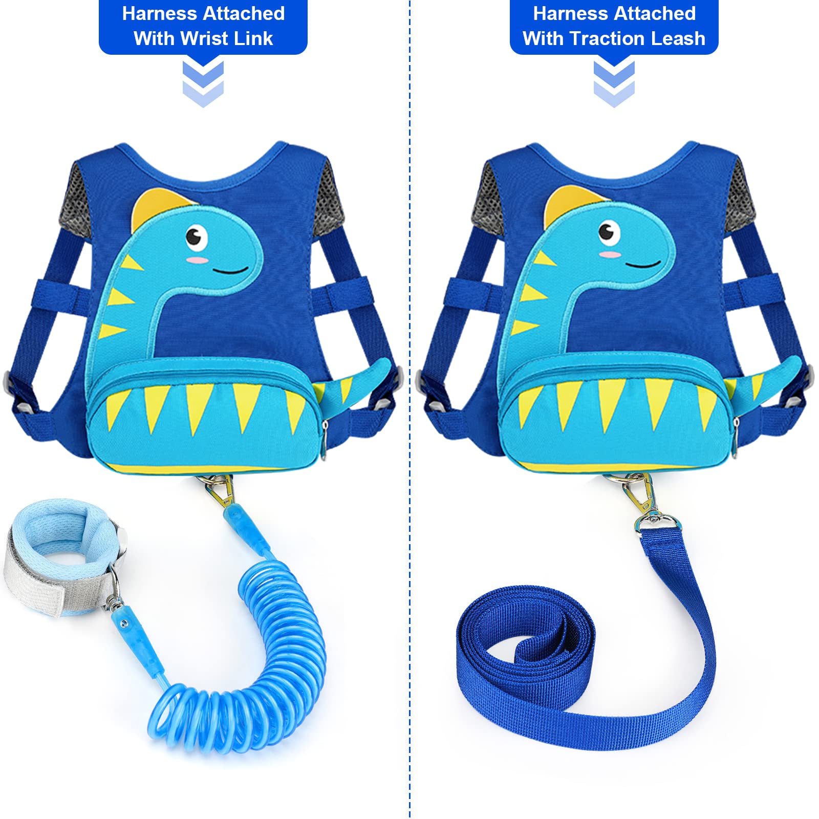 Toddler Harness Child Leash with Anti Lost Wrist Link, Accmor 3 in 1 Kids Dinosaur Harnesses Leashes, Children Walking Assistant Wristband Tether Strap Belt for Baby Boys Girls (Blue)