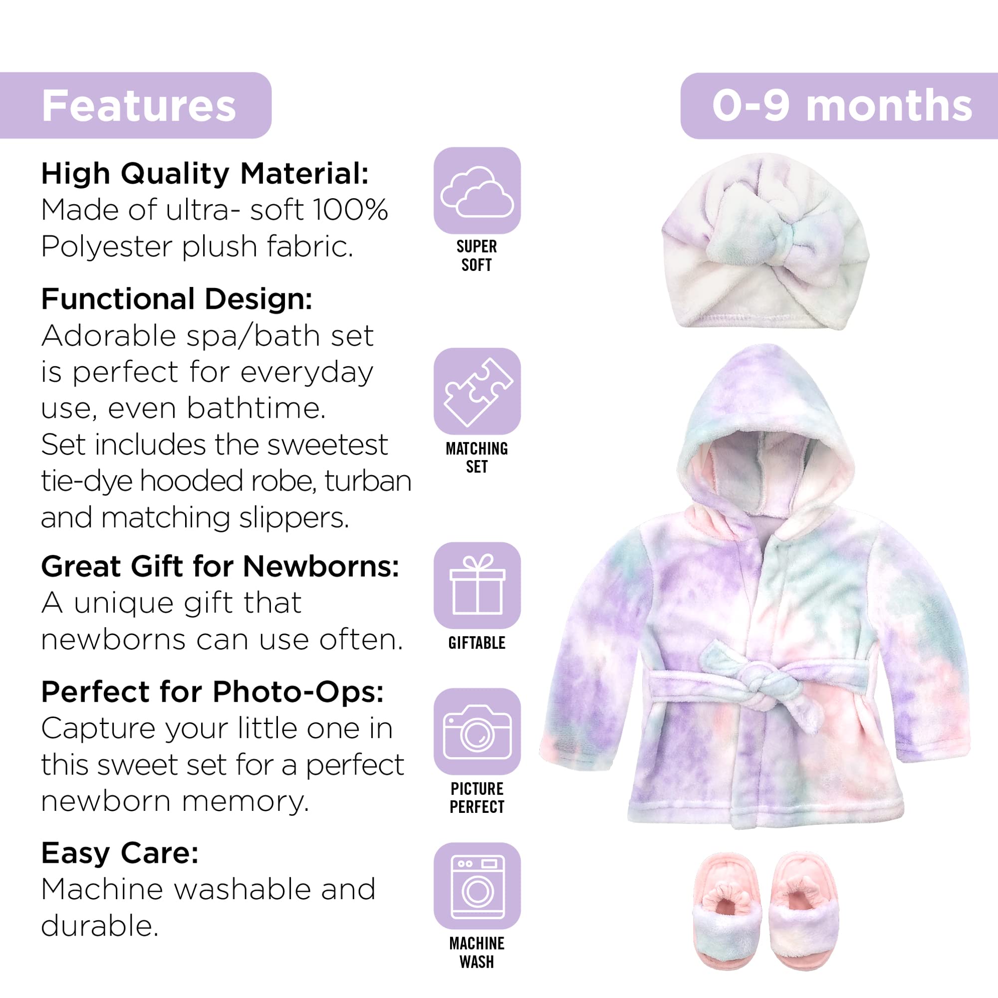 Rising Star Baby Robe Girl, Tie Dye Baby Bathrobe Towel, Slippers & Cap - Bath Robe Spa Set - Best Baby Shower for Girls