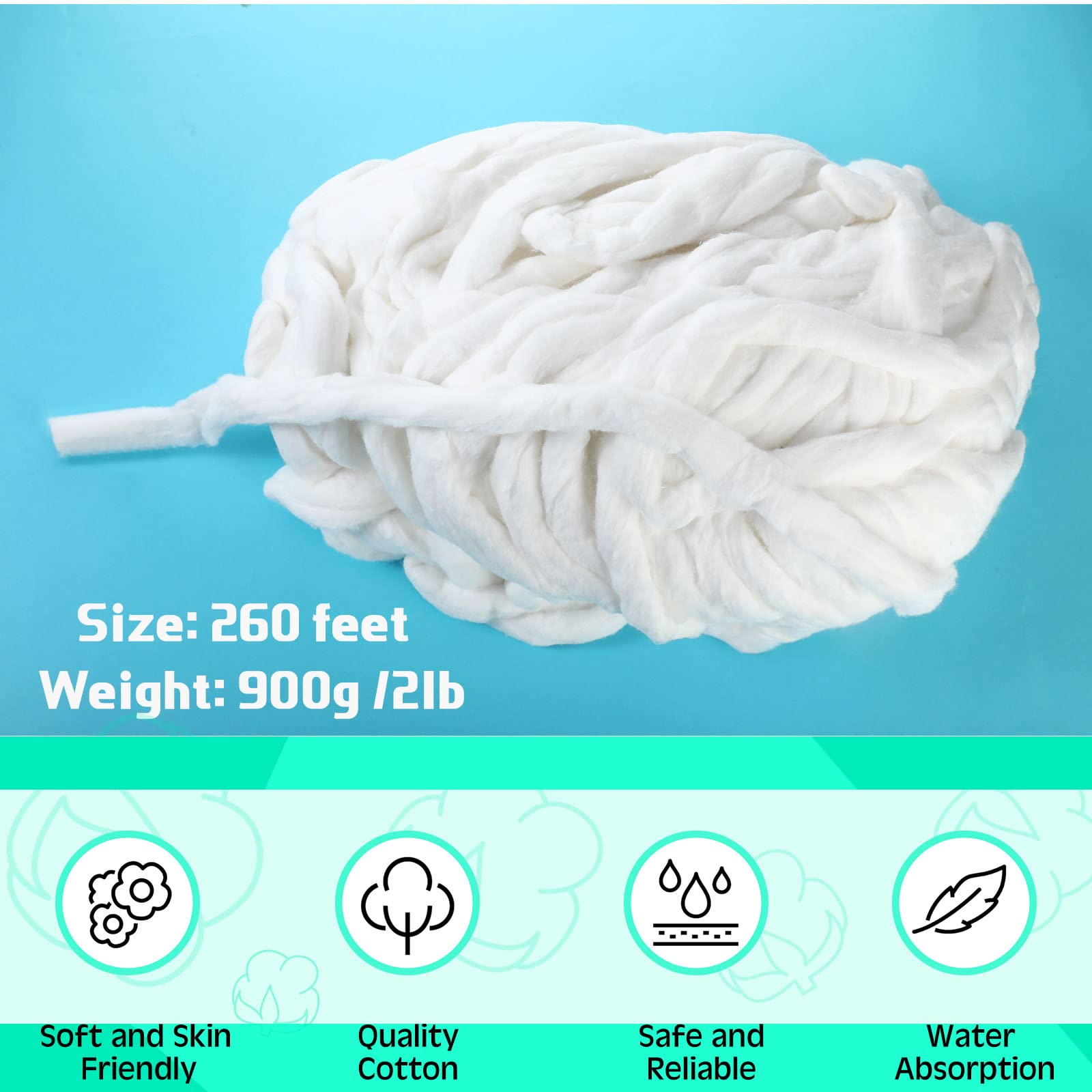 Nuogo Cotton Roll for Salon, Cotton Coil, Cotton Sliver, 260 Feet 2lb Cotton Roll for Cleaning, Manicures, Skin Care, Salon Cotton Coil 900g, Easy to Use