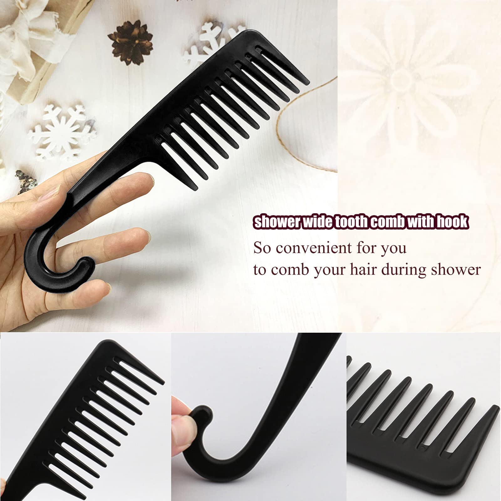 5 pcs Hair Comb Set Wide Tooth Comb for Detangling Fine Tooth Rat Tail Comb for Styling Shower Comb with Hook Women Men (Black)