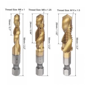 uxcell Combination Drill and Tap Bit Set, M6 M8 M10 Titanium Coated High Speed Steel 4341 Spiral Flute Drilling Tapping Tool 1/4" Hex Shank 3pcs