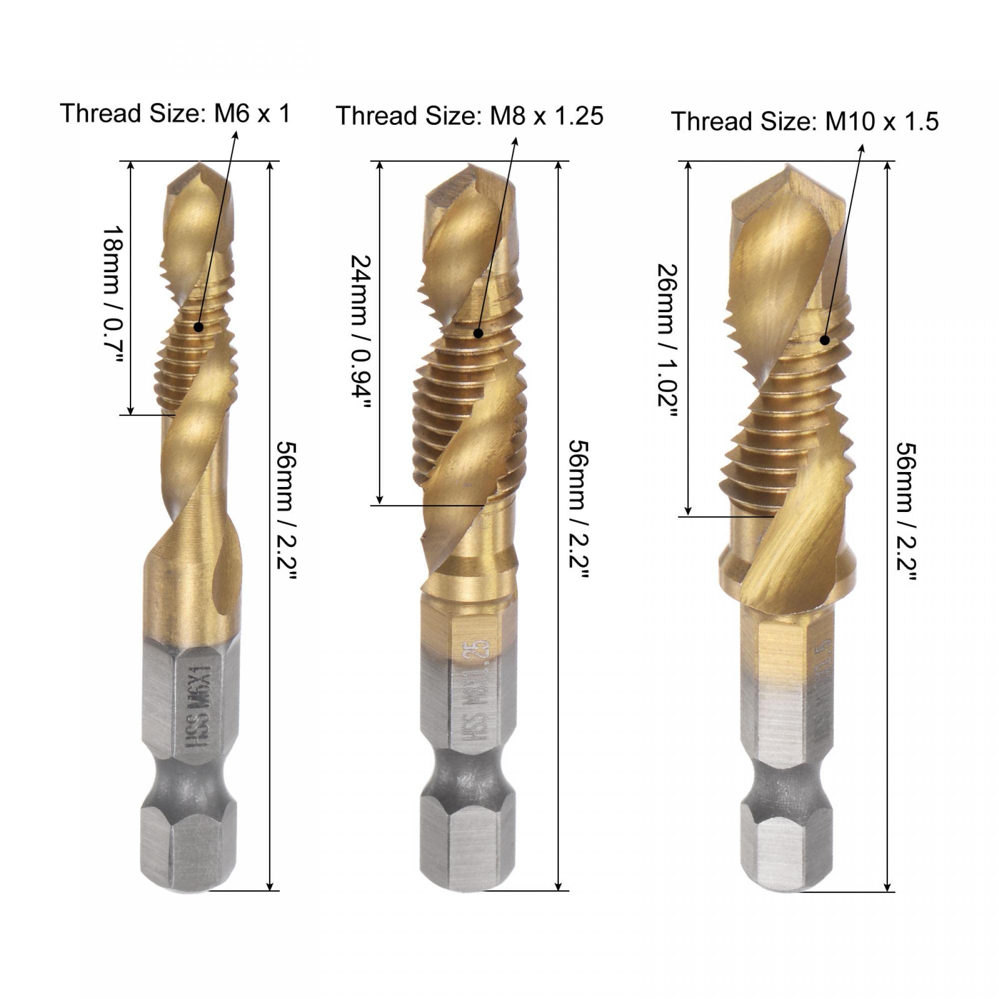 uxcell Combination Drill and Tap Bit Set, M6 M8 M10 Titanium Coated High Speed Steel 4341 Spiral Flute Drilling Tapping Tool 1/4" Hex Shank 3pcs