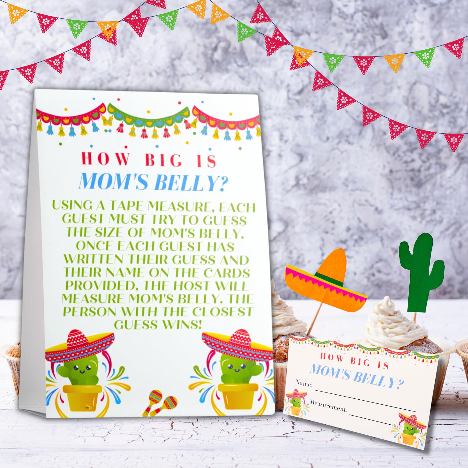 WillaBees Measure Mommys Belly Baby Shower Game How Big is Mom's 64 Piece Fiesta Cactus Games Includes Sign 50 Playing Cards 10 Pencils 3 Measuring Tape Sprinkle, MultiColor