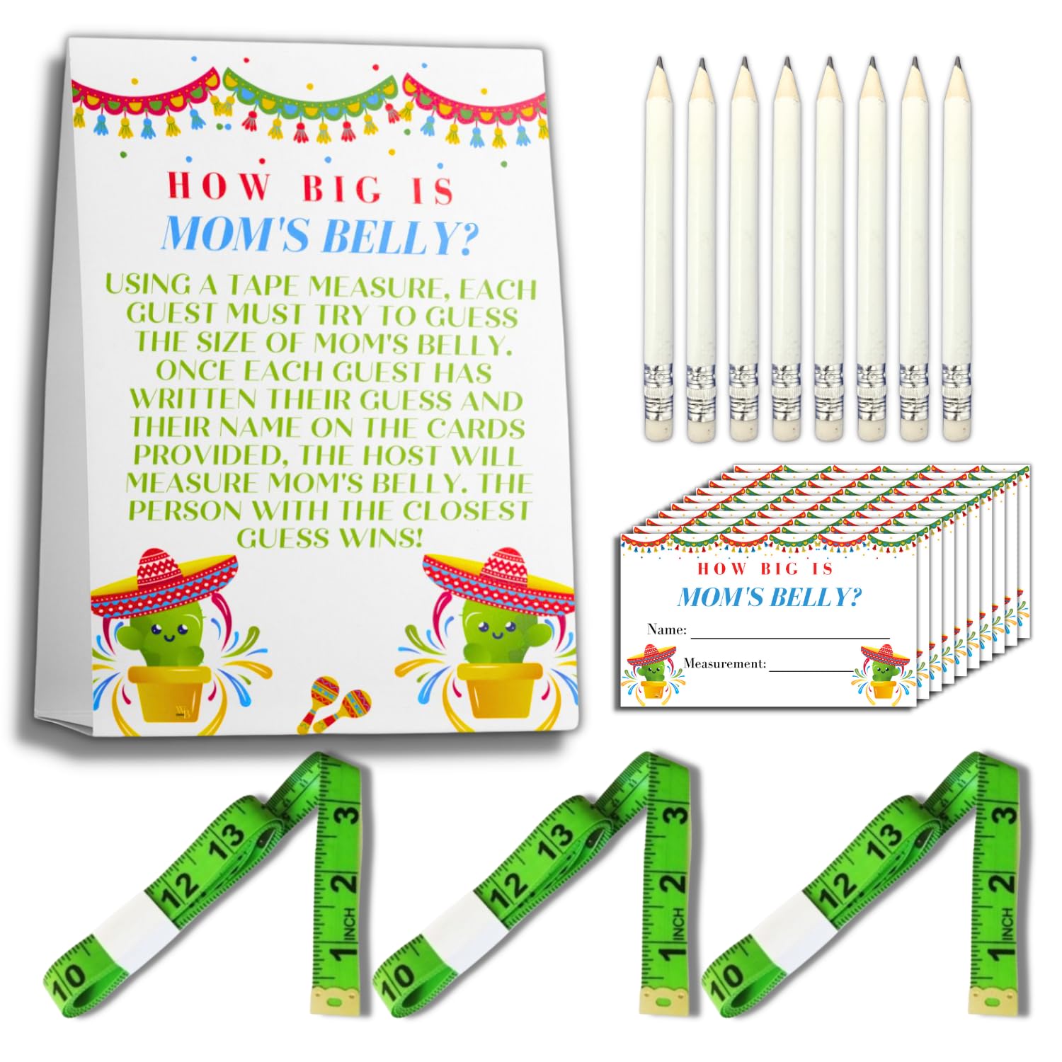 WillaBees Measure Mommys Belly Baby Shower Game How Big is Mom's 64 Piece Fiesta Cactus Games Includes Sign 50 Playing Cards 10 Pencils 3 Measuring Tape Sprinkle, MultiColor