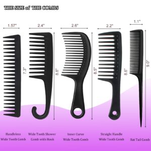 5 pcs Hair Comb Set Wide Tooth Comb for Detangling Fine Tooth Rat Tail Comb for Styling Shower Comb with Hook Women Men (Black)