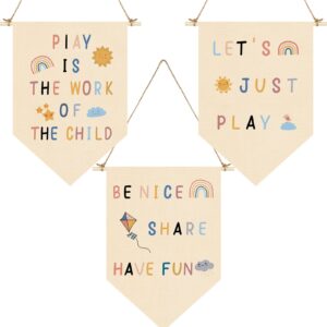 3 pcs play sign hanging canvas banner flags nursery wall play sign decor let's just play wall banner rainbow pin banner nursery room banner boho nursery wall decor playroom decor for kids girls boys