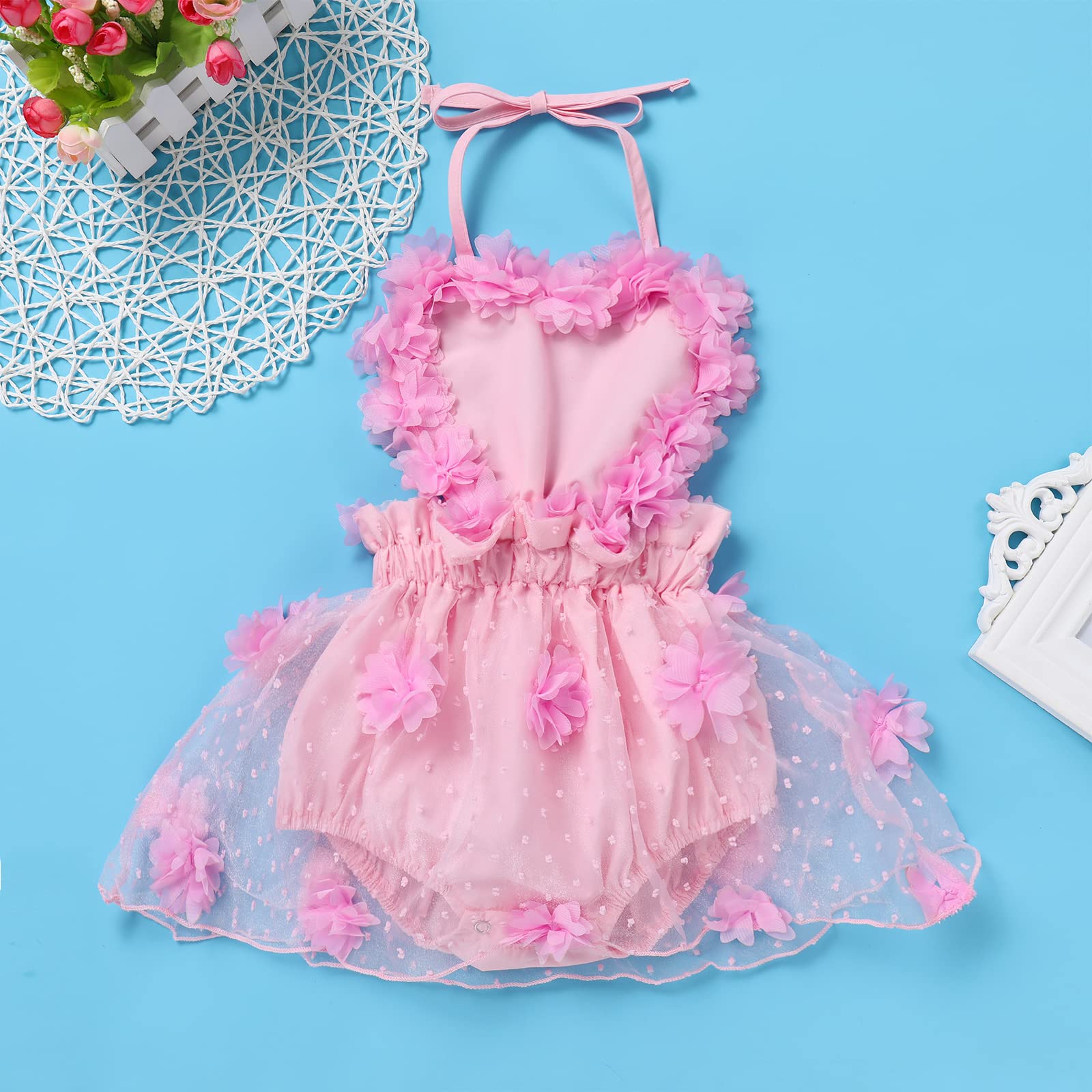 ODASDO Baby Girl's First Birthday Cake Smash Outfit Lace Romper Tutu Tulle Dress with Headband 2pcs Clothes Set, Pink Flower, 12-18 Months