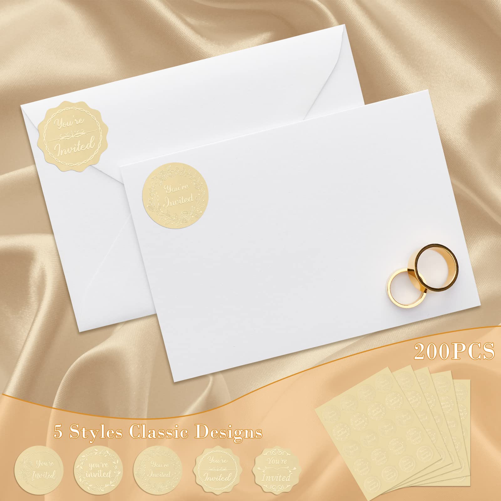 Cindeer 200 Pcs You're Invited Round Embossed Gold Foil Envelope Seals Self Adhesive Invited Foil Sticker for Wedding Invitations Envelopes Greeting Cards Present Decoration