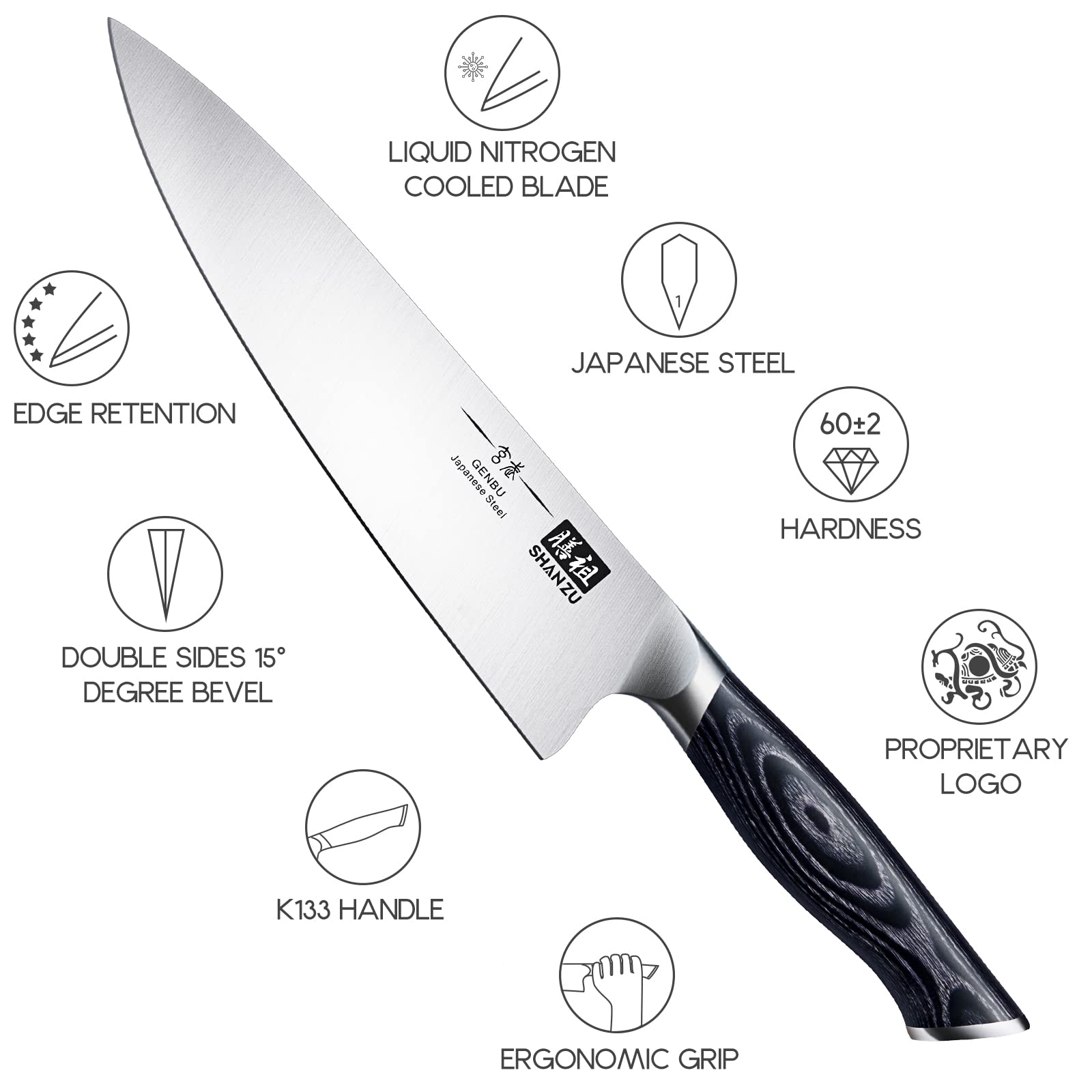 SHAN ZU 8 inch Japanese Chef Knife, Chefs Knife Kitchen Knives, Japanese Super Steel Sharp Chef's Knives with K133 Ergonomic Handle, Black Tortoise Genbu Series