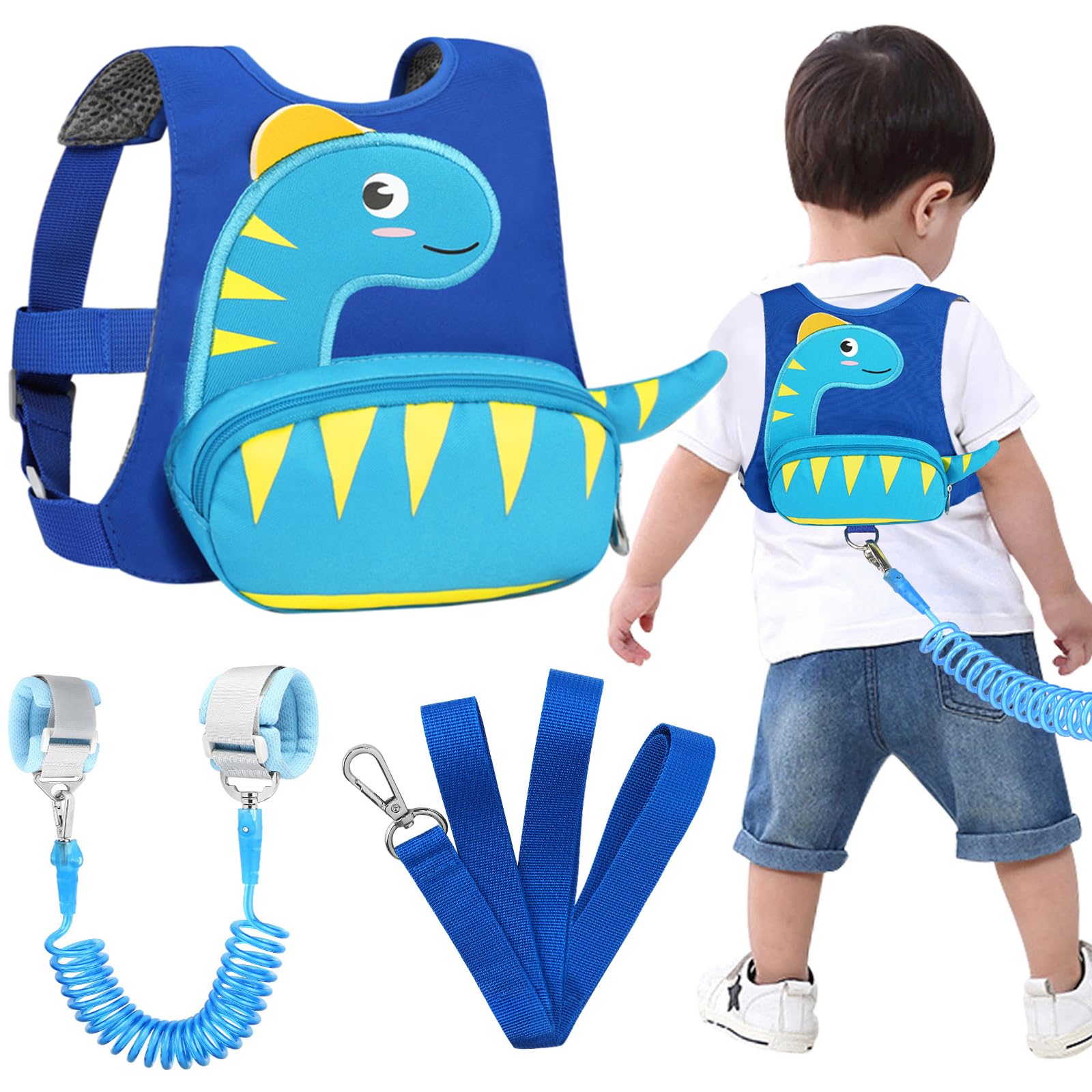 Toddler Harness Child Leash with Anti Lost Wrist Link, Accmor 3 in 1 Kids Dinosaur Harnesses Leashes, Children Walking Assistant Wristband Tether Strap Belt for Baby Boys Girls (Blue)