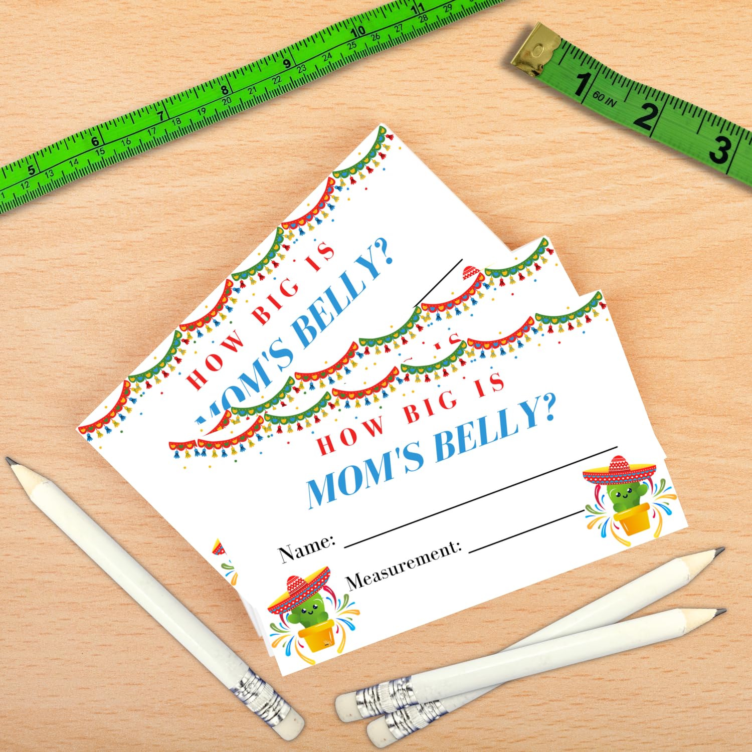 WillaBees Measure Mommys Belly Baby Shower Game How Big is Mom's 64 Piece Fiesta Cactus Games Includes Sign 50 Playing Cards 10 Pencils 3 Measuring Tape Sprinkle, MultiColor