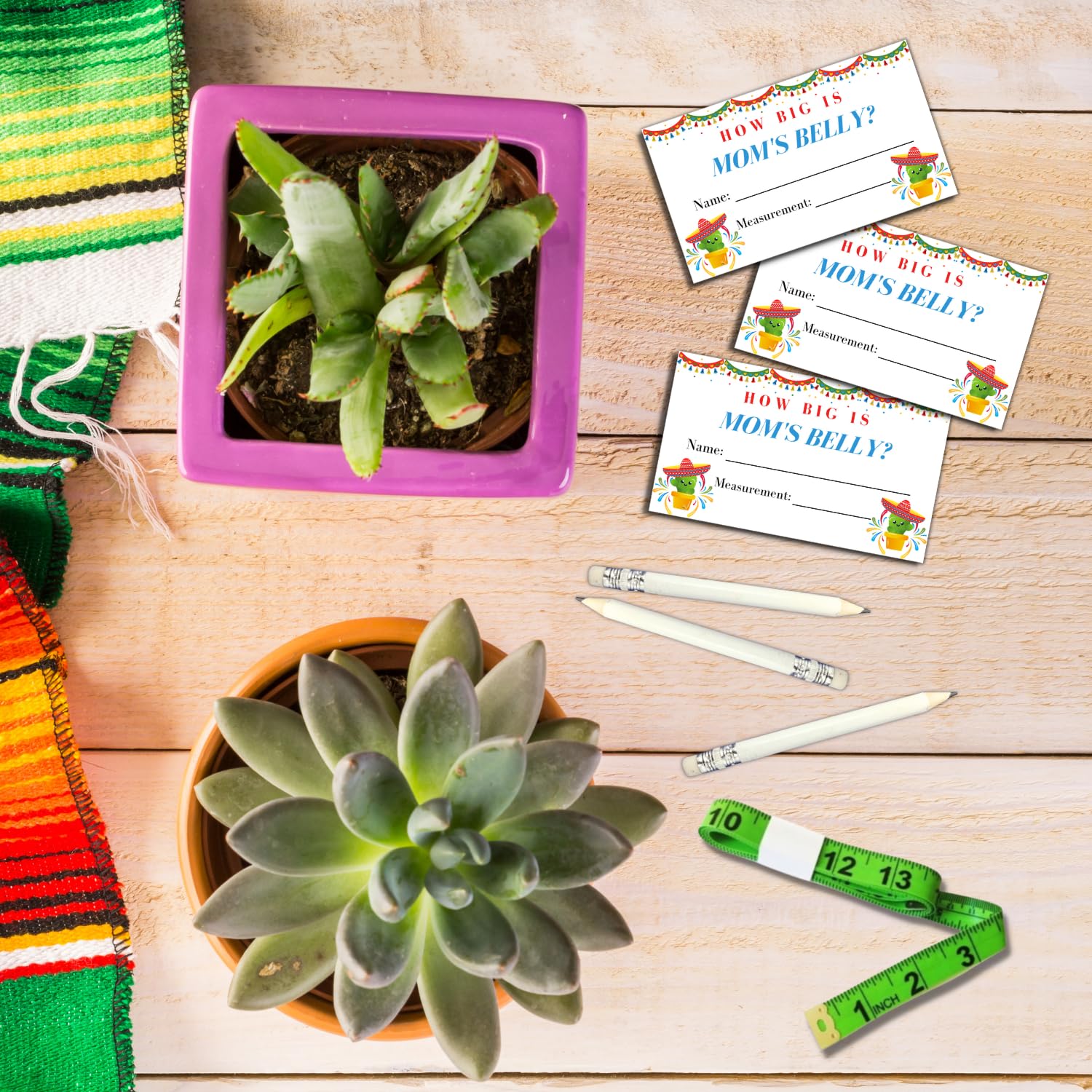 WillaBees Measure Mommys Belly Baby Shower Game How Big is Mom's 64 Piece Fiesta Cactus Games Includes Sign 50 Playing Cards 10 Pencils 3 Measuring Tape Sprinkle, MultiColor