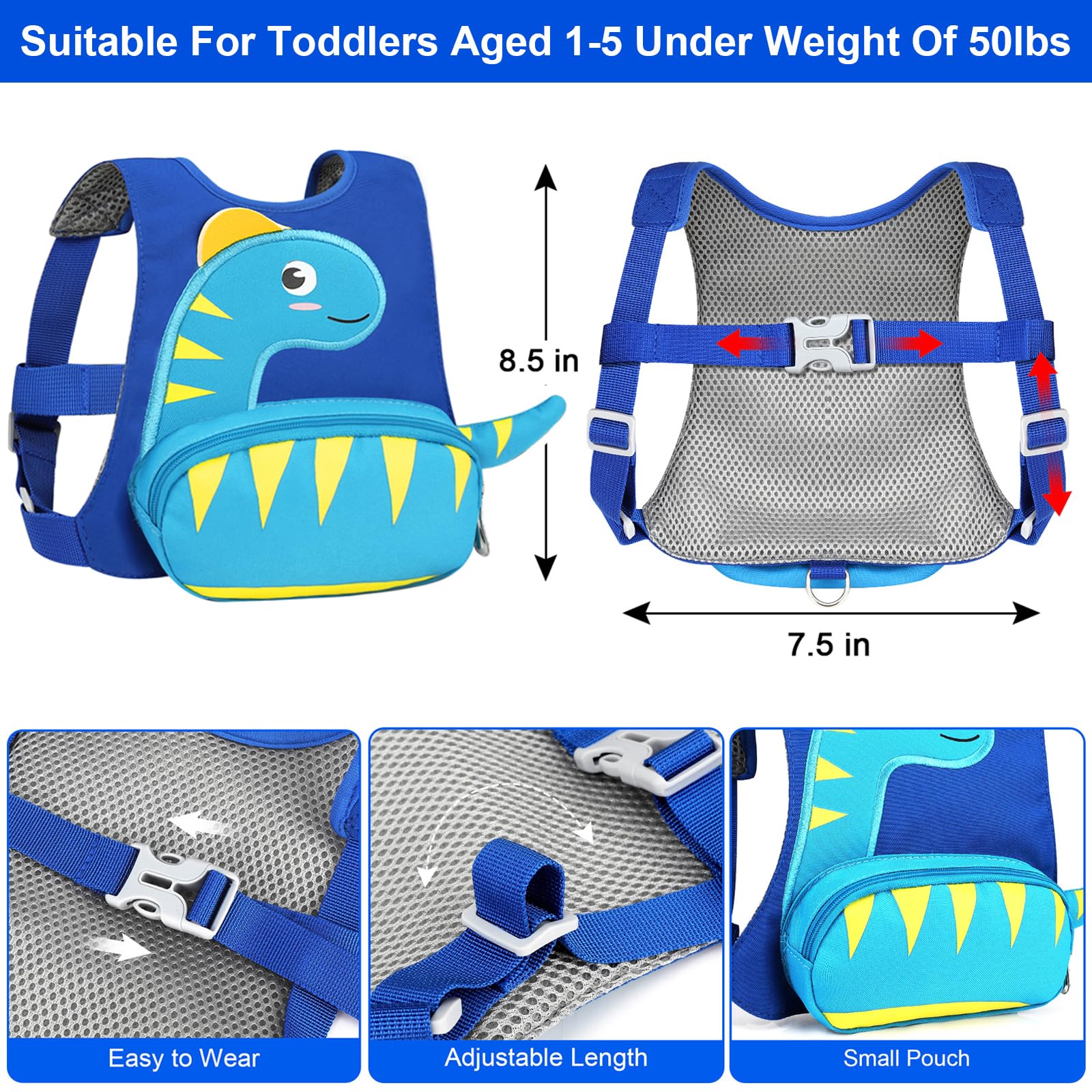 Toddler Harness Child Leash with Anti Lost Wrist Link, Accmor 3 in 1 Kids Dinosaur Harnesses Leashes, Children Walking Assistant Wristband Tether Strap Belt for Baby Boys Girls (Blue)