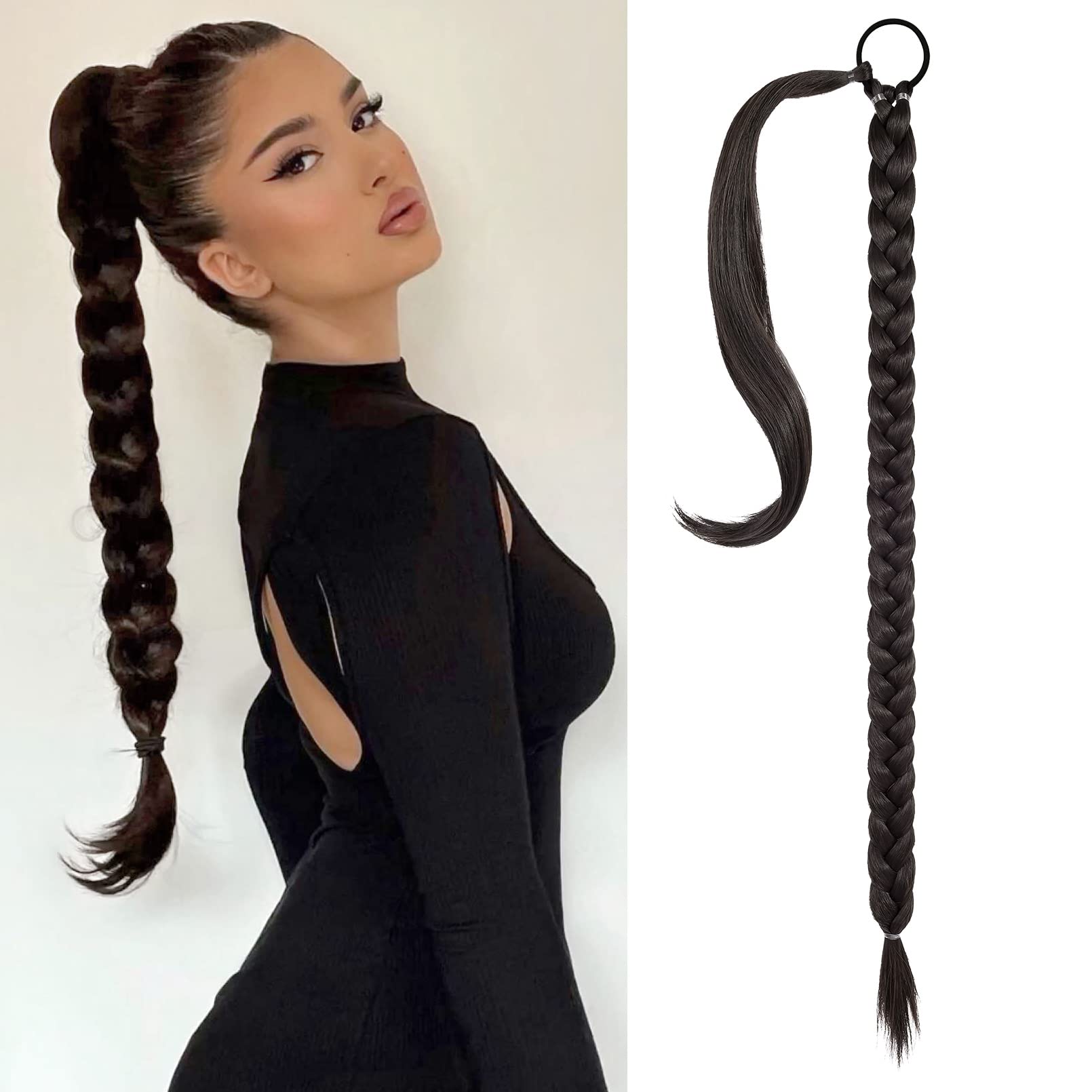 SEIKEA Long Braided Ponytail Extension with Hair Tie Straight Wrap Around Hair Extensions Ponytail Natural Soft Synthetic Hair Piece for Women Daily Wear 26 Inch 140 Gram Black Brown