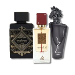 Lattafa Fakhar 3-Piece Set for Unisex, (3.4 Oz Bade'e Al Oud For Glory+ 3.4 Oz Ana Abiyedh Rouge + 3.4 Oz Maahir Black Edition)