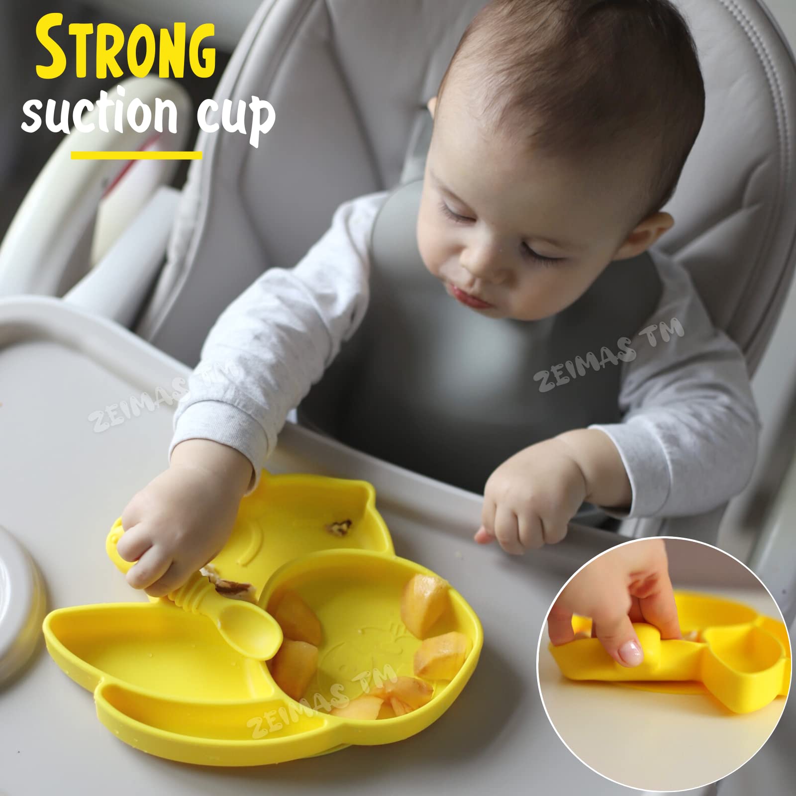 ZEIMAS Silicone Divided Toddler Baby Plates - Portable Non Slip Suction Plates for Children Babies and Kids BPA Free Baby Dinner Plate (Bunny)