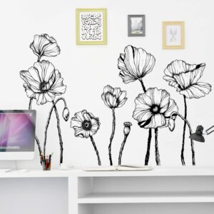 Creative Black Flowers Wall Stickers 3D Black Poppy Floral Wall Decals DIY Removable Large Black Vinyl Flower Plant Wall Art Decor for Teens Women Bedroom Living Room Nursery Office Decoration DT-1021