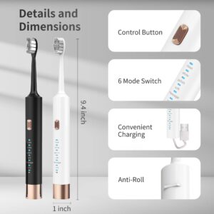 ZXZCTTC 2 Pieces,10 Brush Head High Frequency Electric Toothbrush, IPX7 Waterproof USB Quick Charge, Rechargeable 60 Days(Black/White)