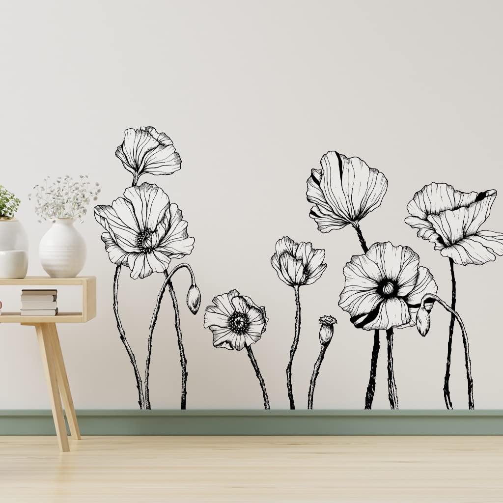 Creative Black Flowers Wall Stickers 3D Black Poppy Floral Wall Decals DIY Removable Large Black Vinyl Flower Plant Wall Art Decor for Teens Women Bedroom Living Room Nursery Office Decoration DT-1021