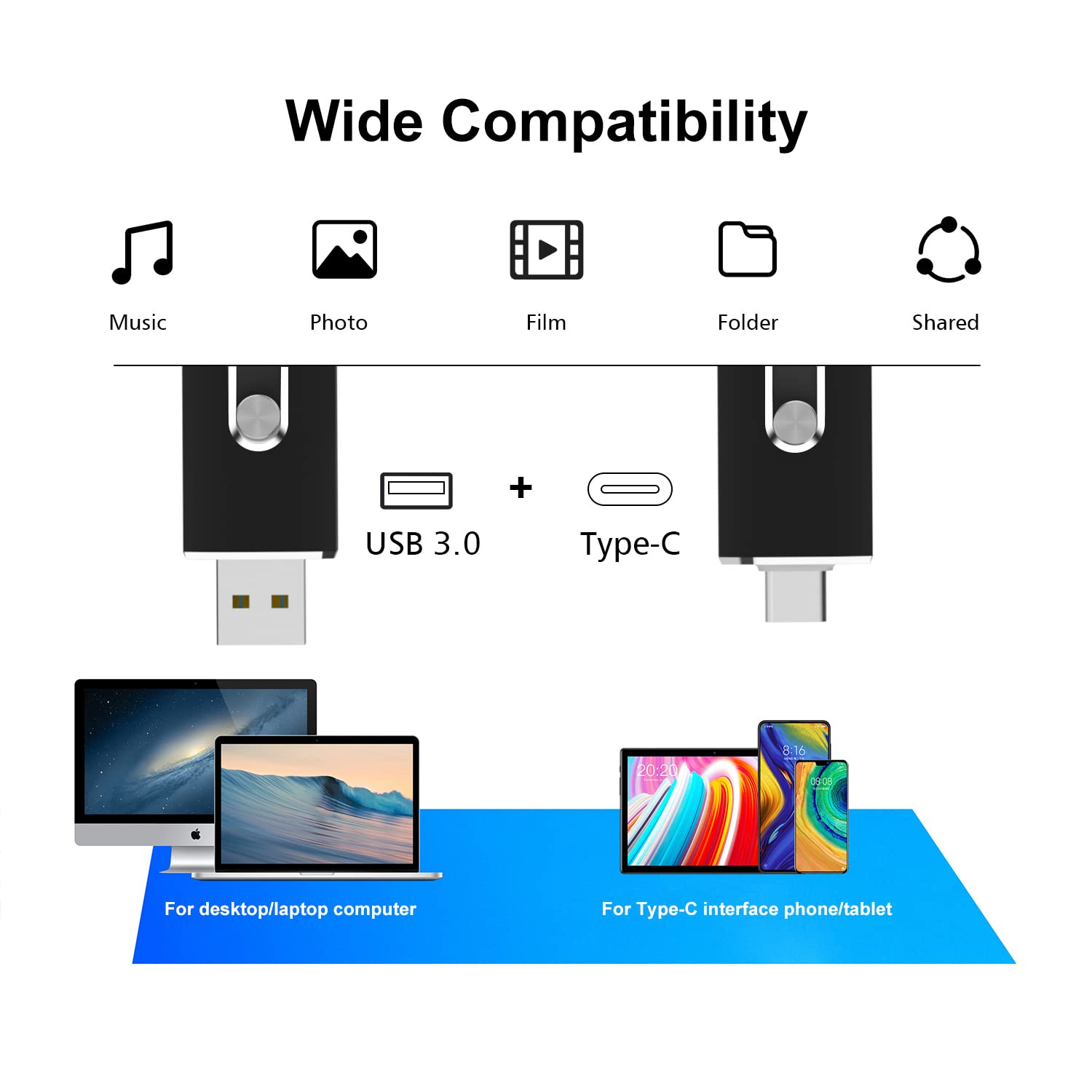 JOIOT 128GB USB C Flash Drive Dual USB 3.0 Flash Drive Type C + USB A Portable Type-C Flash Drive 2-in-1 USB-C Thumb Drive for Smartphone Tablet Computer Mac iPhone Black