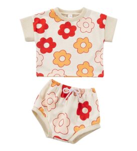 liomengzi baby girl shorts outfit flower print tank top drawstring bloomer set toddler girl summer clothes (orange, 12-18 months)