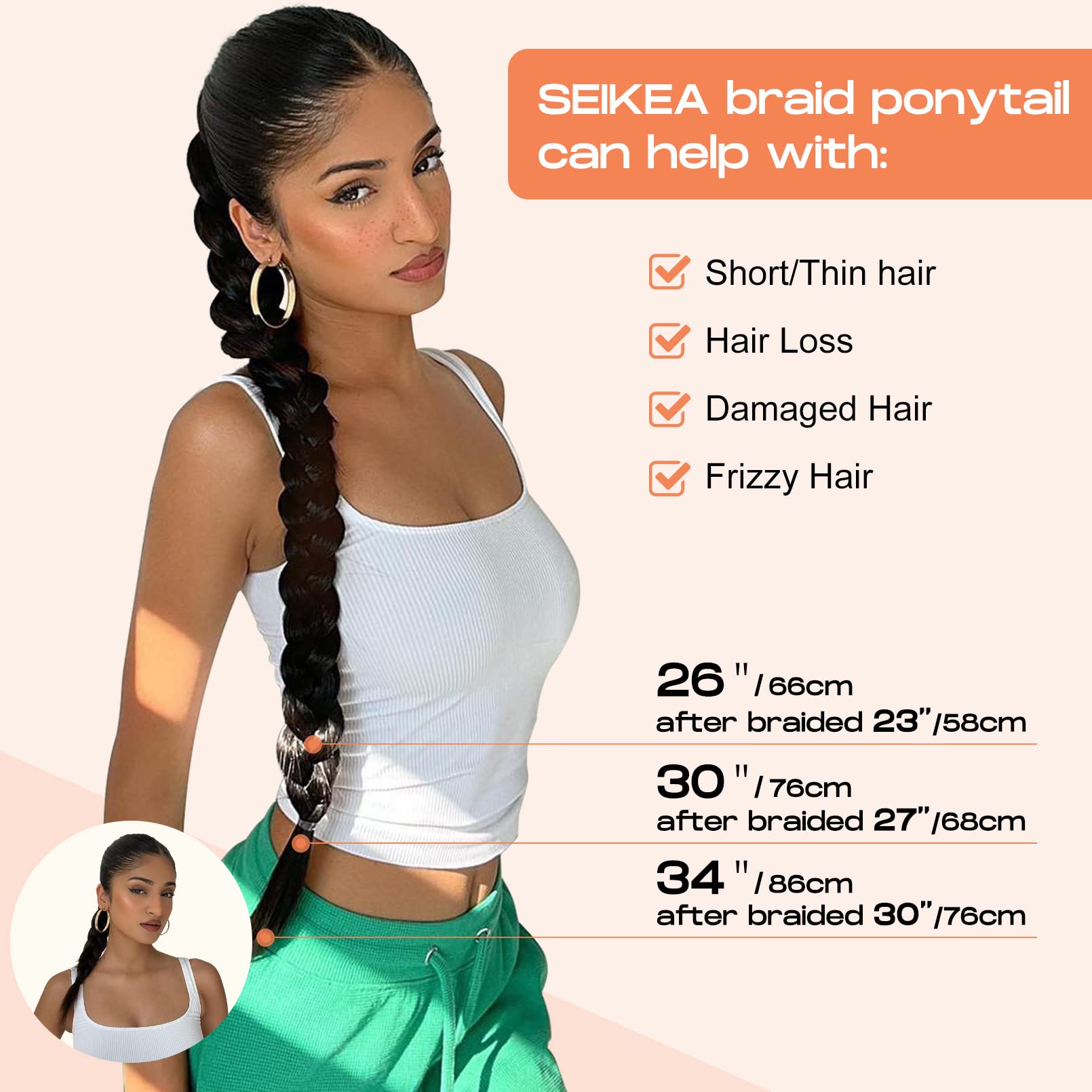 SEIKEA Long Braided Ponytail Extension with Hair Tie Straight Wrap Around Hair Extensions Ponytail Natural Soft Synthetic Hair Piece for Women Daily Wear 26 Inch 140 Gram Black Brown