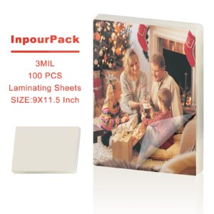 [3mil 100 Pack] InpourPack Laminating Pouches, 3 Mil Clear Thermal Laminating Pouches 9 x 11.5 Inch Laminating Sheets for Laminator, Holds 8.5 x 11 Inch Sheets