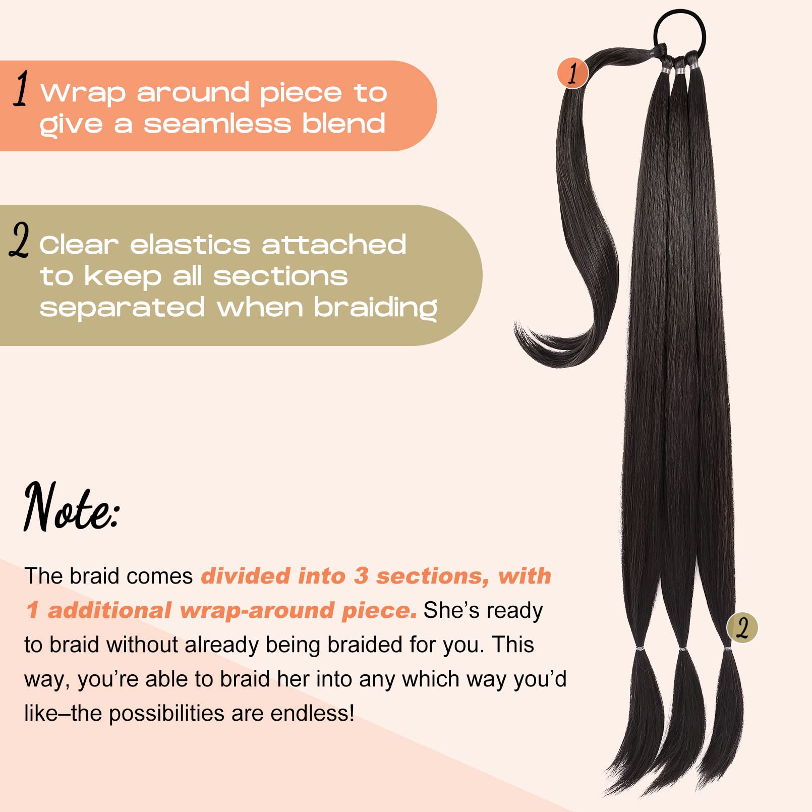 SEIKEA Long Braided Ponytail Extension with Hair Tie Straight Wrap Around Hair Extensions Ponytail Natural Soft Synthetic Hair Piece for Women Daily Wear 26 Inch 140 Gram Black Brown