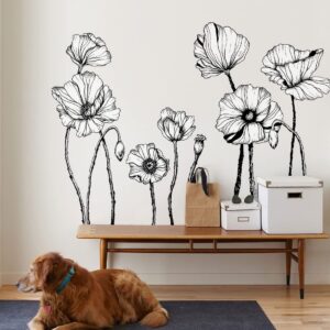 Creative Black Flowers Wall Stickers 3D Black Poppy Floral Wall Decals DIY Removable Large Black Vinyl Flower Plant Wall Art Decor for Teens Women Bedroom Living Room Nursery Office Decoration DT-1021