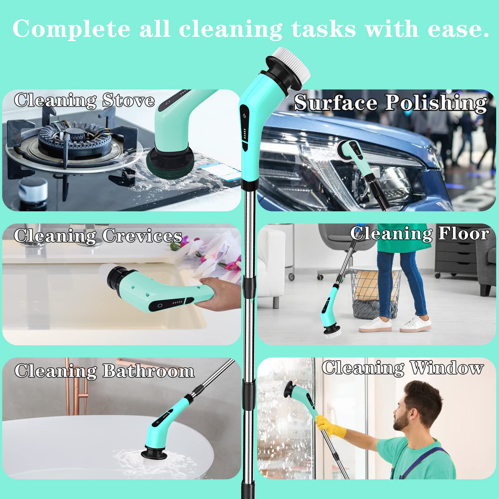 Electric Spin Scrubber, Cordless Bathroom Scrubber with Long Handle, Shower Scrubber for Cleaning with 7 Brush Heads, Power Wall Scrubber Suitable for Cleaning Wall, Kitchen, Bathroom， Window, Floor