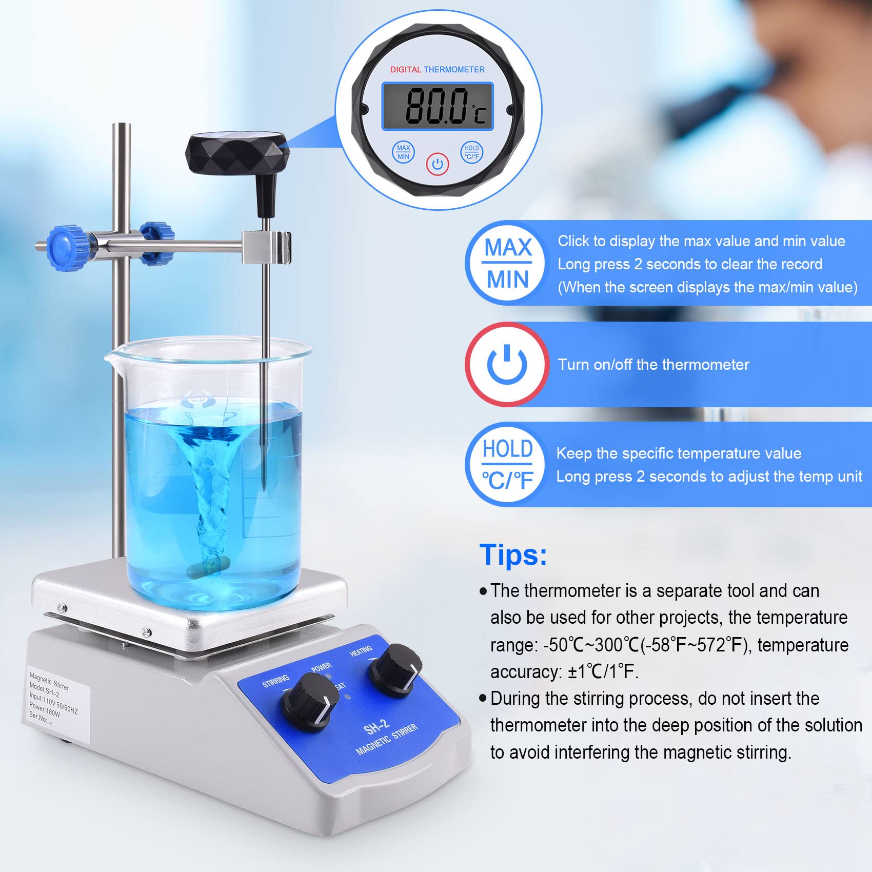 Slendor Magnetic Stirrer SH-2 Hot Plate Mixer Max 520℉ Lab Hotplate Stirrer 2000 RPM Stir Plate with Thermometer, Stirrer Bar and Support Stand