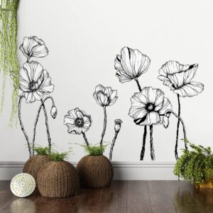 creative black flowers wall stickers 3d black poppy floral wall decals diy removable large black vinyl flower plant wall art decor for teens women bedroom living room nursery office decoration dt-1021