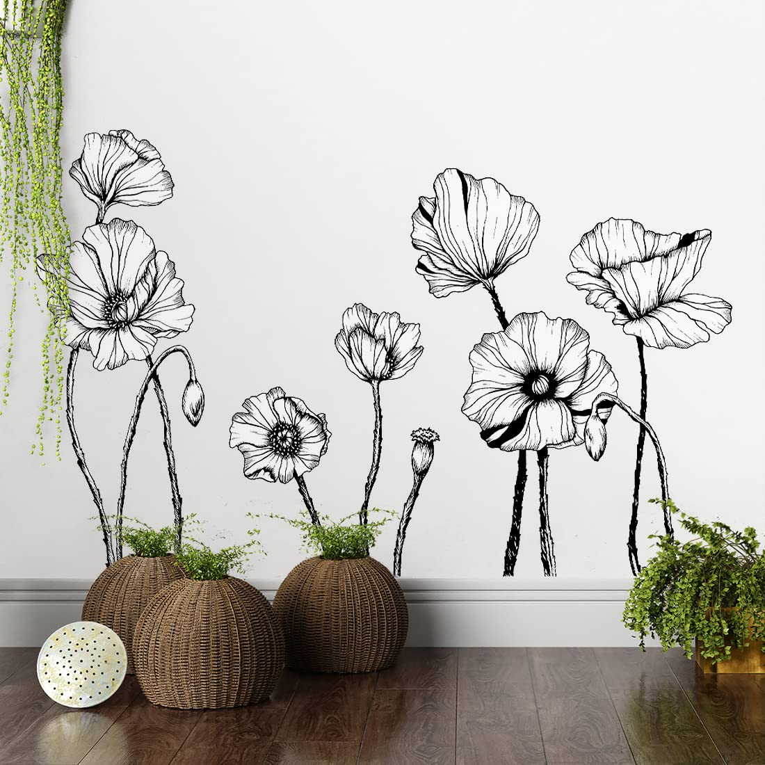 Creative Black Flowers Wall Stickers 3D Black Poppy Floral Wall Decals DIY Removable Large Black Vinyl Flower Plant Wall Art Decor for Teens Women Bedroom Living Room Nursery Office Decoration DT-1021