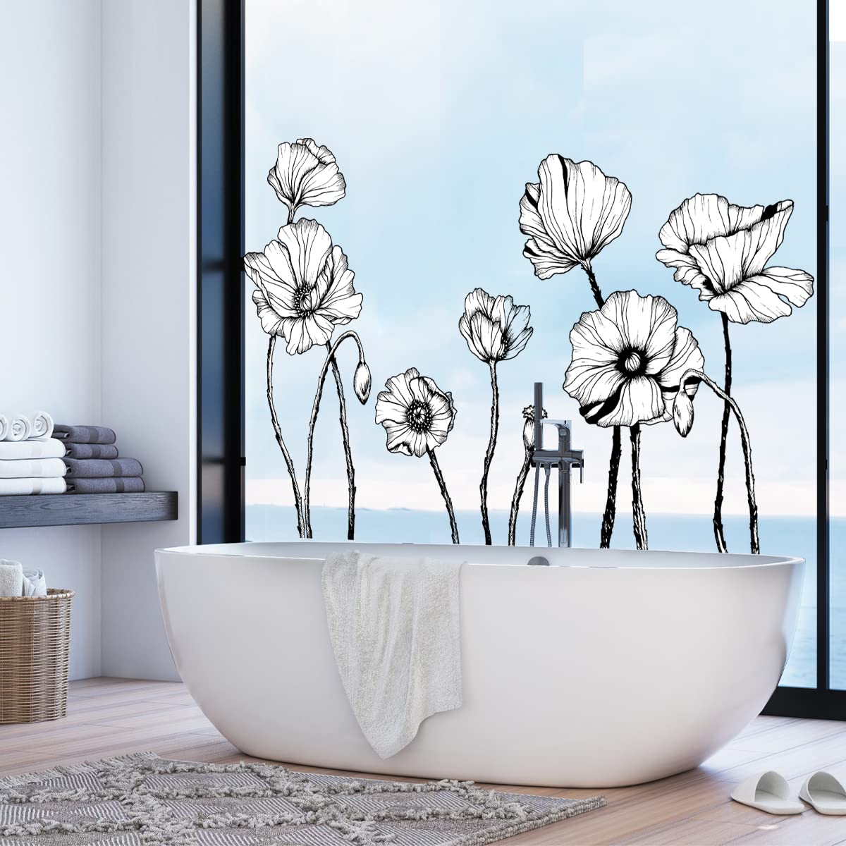 Creative Black Flowers Wall Stickers 3D Black Poppy Floral Wall Decals DIY Removable Large Black Vinyl Flower Plant Wall Art Decor for Teens Women Bedroom Living Room Nursery Office Decoration DT-1021